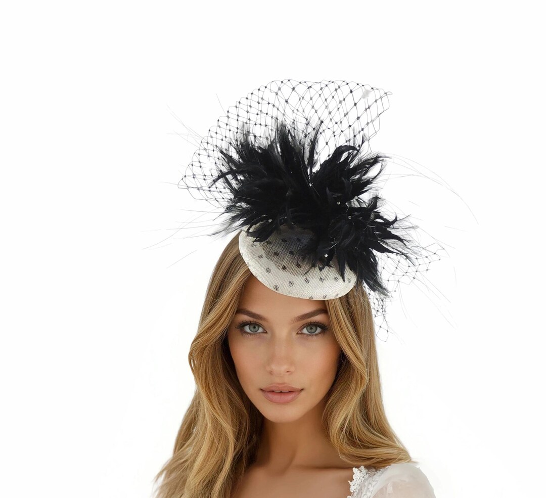 Kentucky Derby Fascinator Ascot Hat Black Ivory Feather Wedding Tea ...