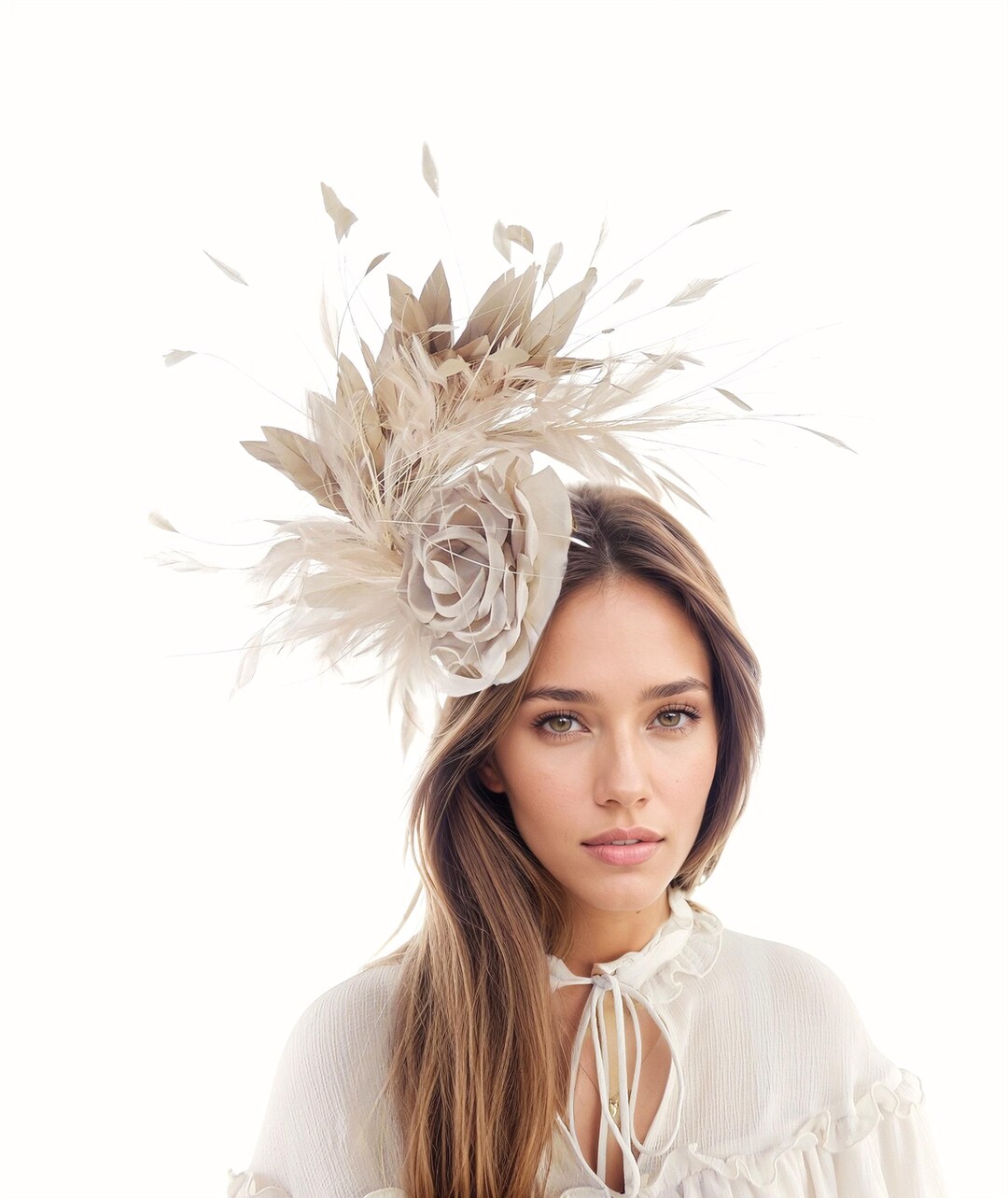 Beige Nude Brown Tan Feather Hatinator Kentucky Derby Fascinator Womens ...