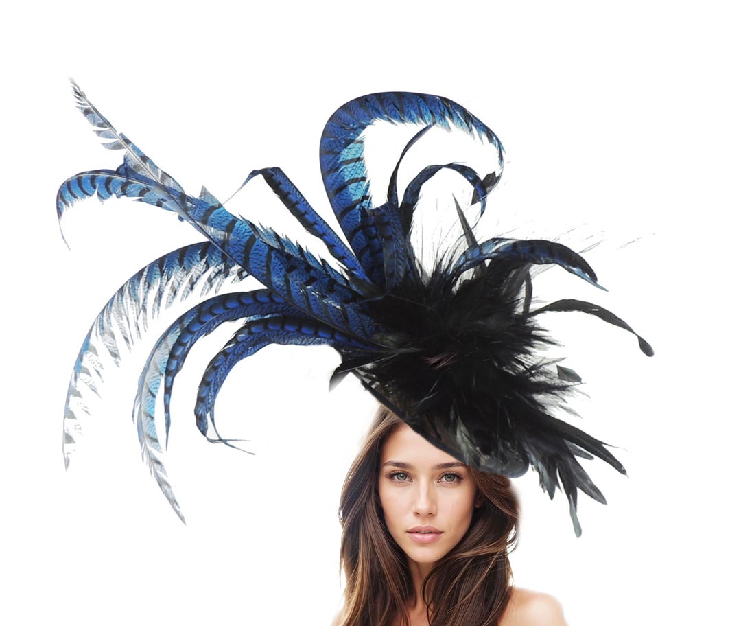 Royal Blue Black Large Feather Kentucky Derby Fascinator Hat Wedding ...