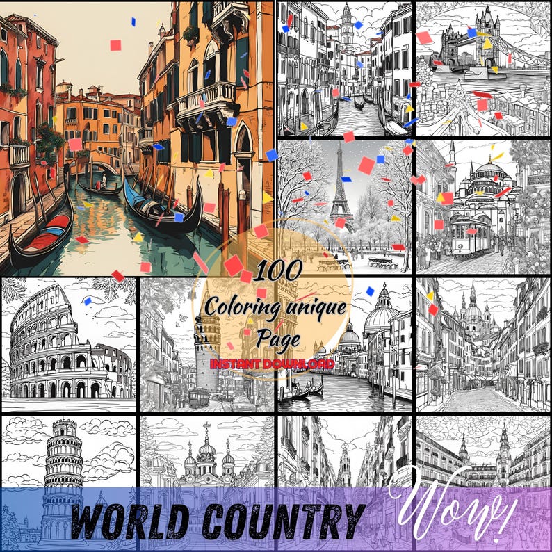 WORLD COUNTRY Coloring Pages for Adults and for Kids Grayscale Coloring ...