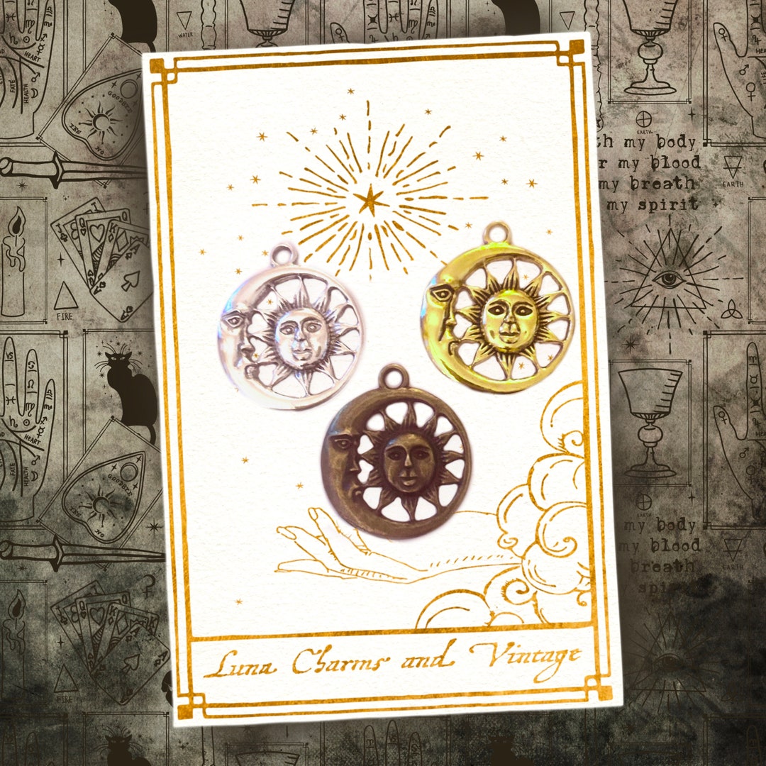 Sun and Moon Celestial Gold Silver or Bronze Tone Amulet Talisman Charm ...