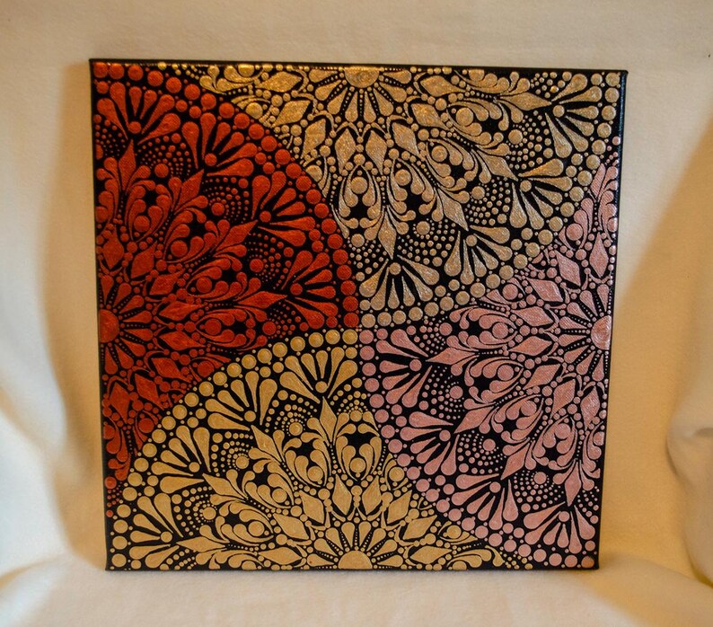 Four-in-one Mandala – Hand Painted Dot Art in Gold & Ruby Red - 30cm - Etsy