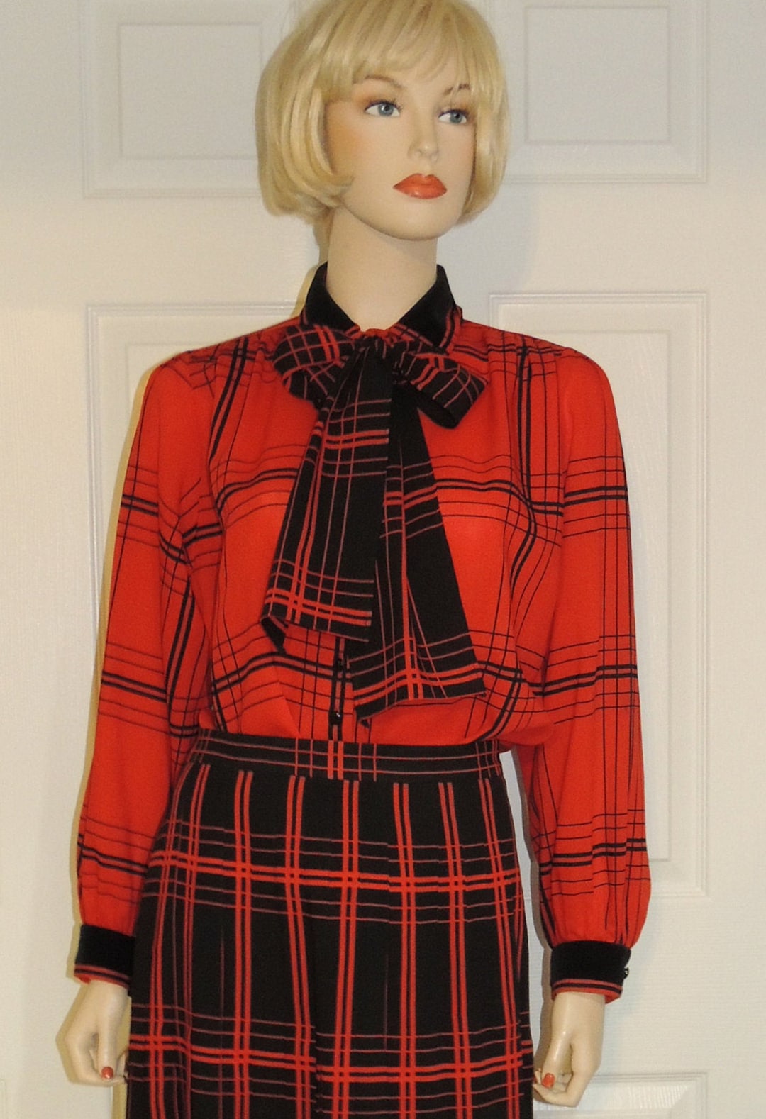 Vtg Bleu Marine Design Paris, Sz 44 Red/black Blouse, Skirt and Tie - Etsy
