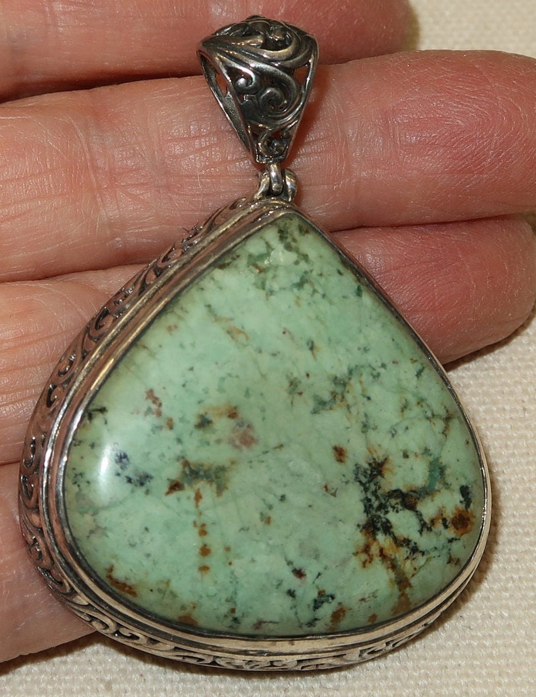 Vtg Signed MILO Green Stone and Sterling Silver Pendant - Etsy