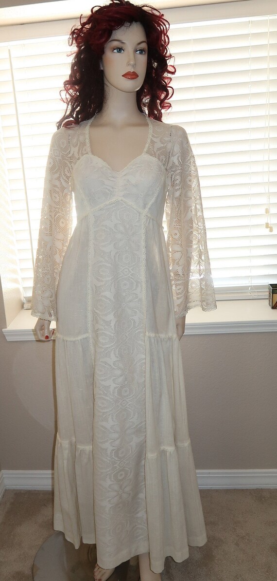 1970s Ivory Muslin and Lace Tier Skirt, Emire MAXI Dr… - Gem