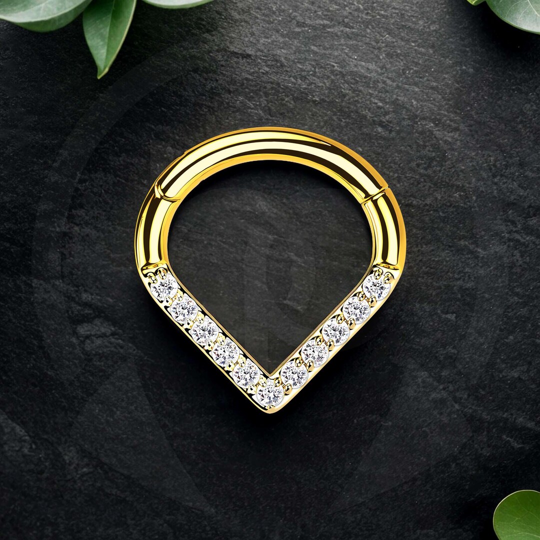 Titanium Gold Segment Ring in V-shape With Gemstones Nose Ring ...