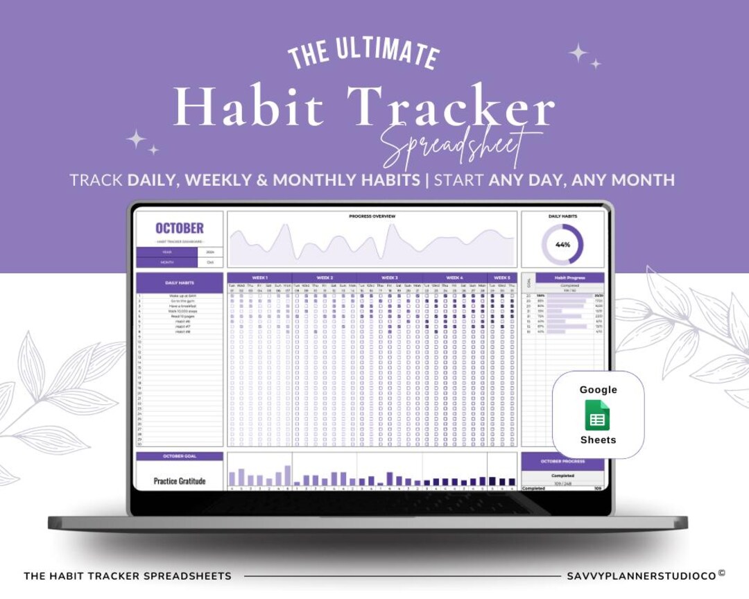 Digital Habit Tracker Spreadsheet for Google Sheets, Daily and Weekly ...