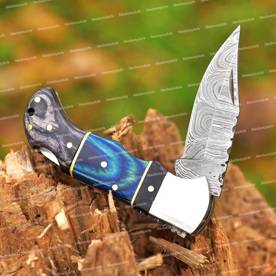 Handmade Damascus Steel Pocket Knife With Rosewood Handle & Leather ...