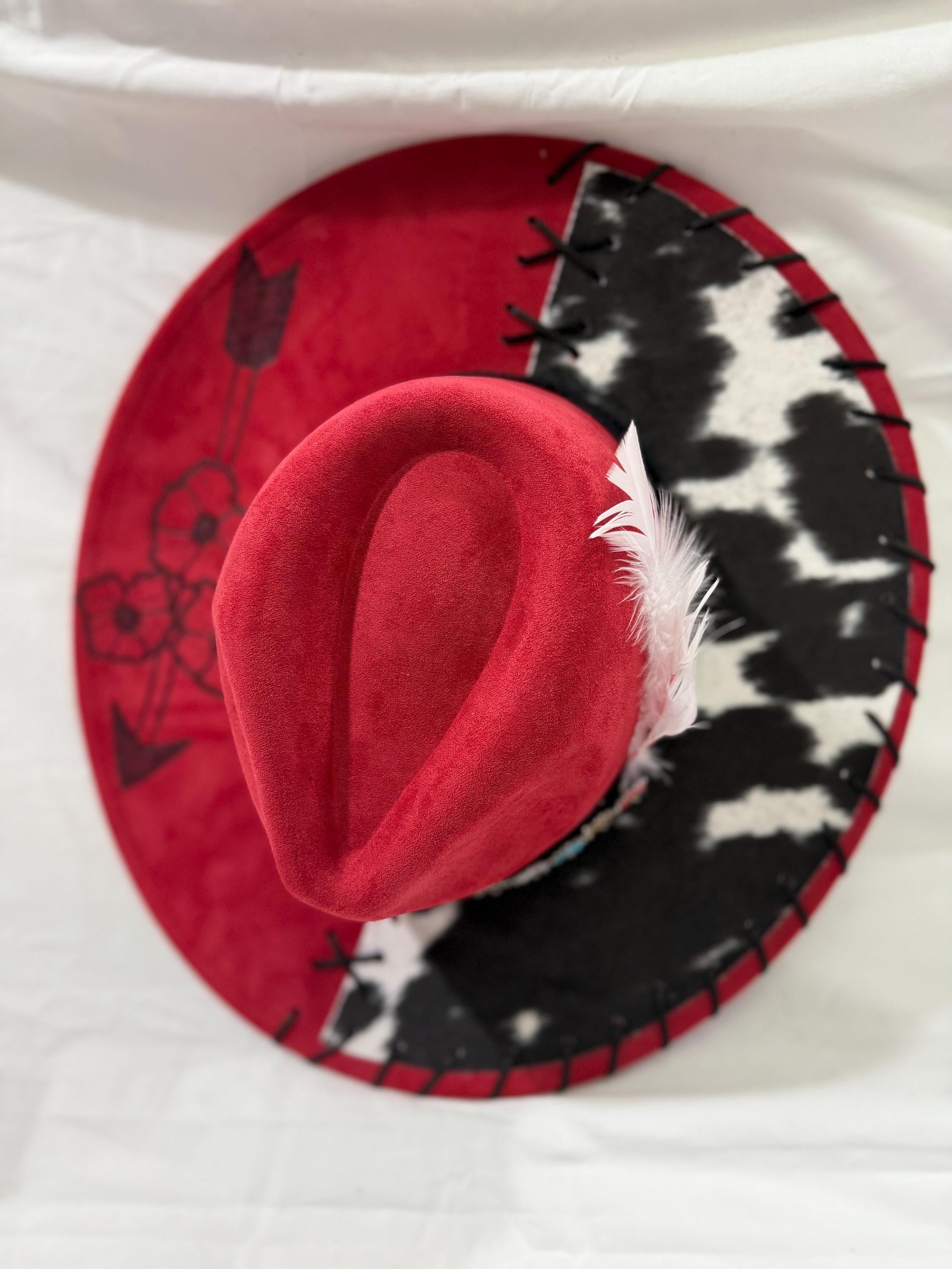 Red Hat Wide Brim, Black and White Cowhide Fabric, Arrow and Flowers ...