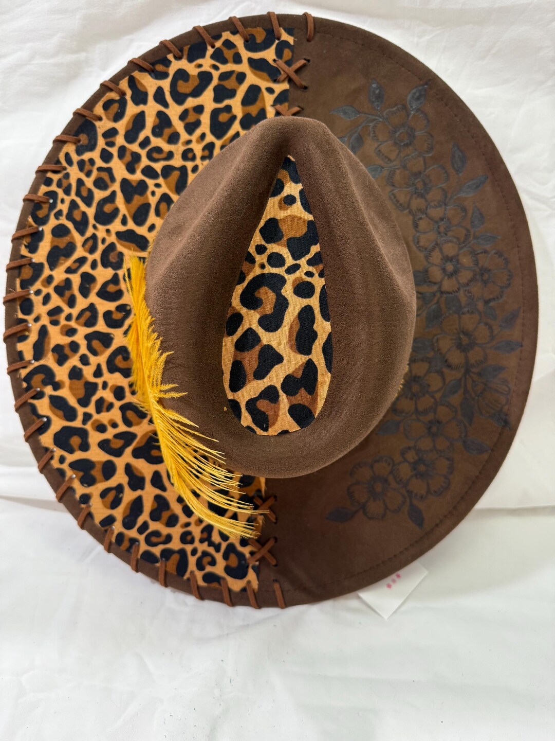Hand Burned Wide Brim Hat Brown : Brown/gold Leopard Print Leather ...