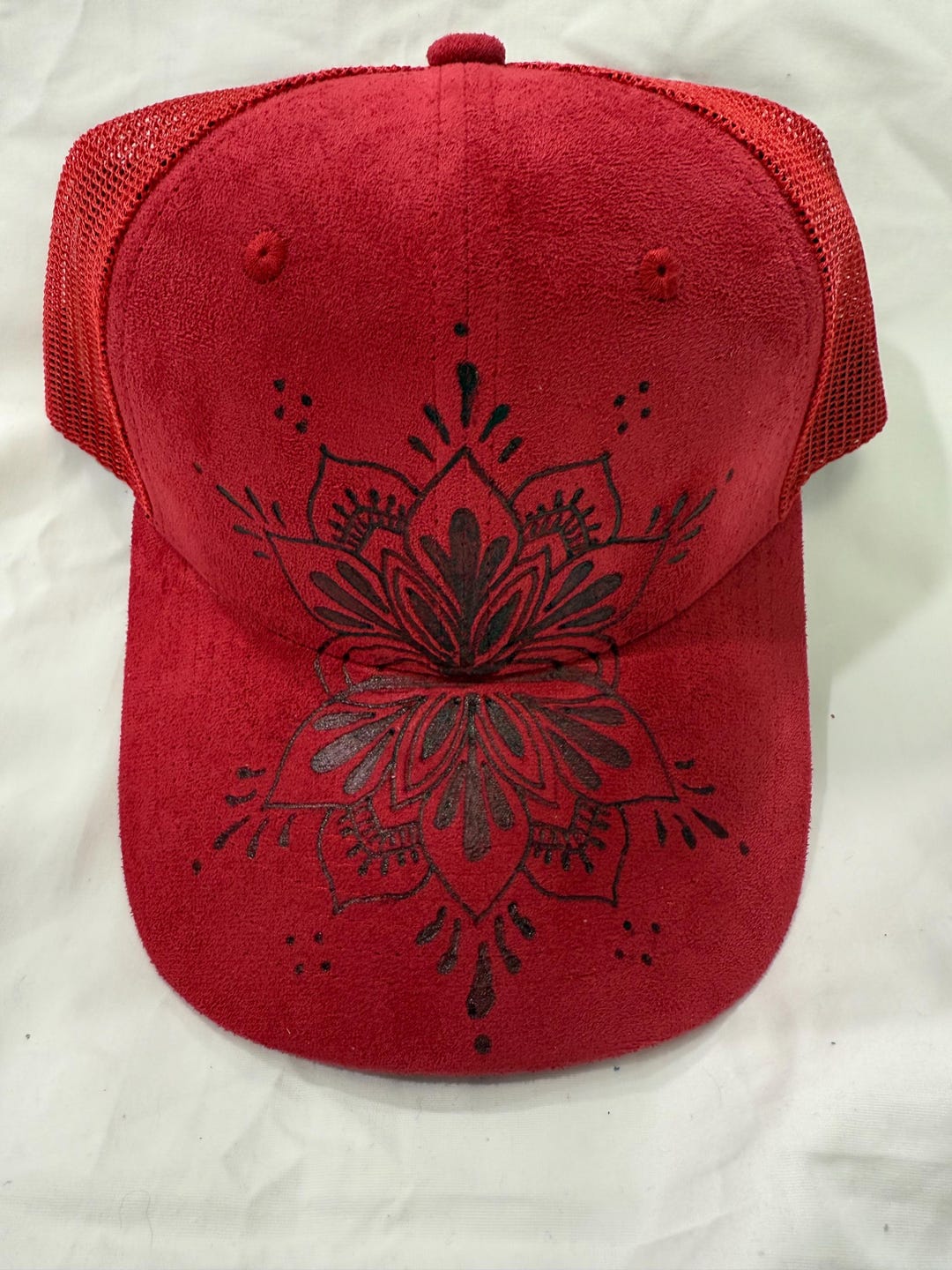 Baseball Cap Mesh Back Vegan Suede Red: Aztec Flower Design Burned on ...