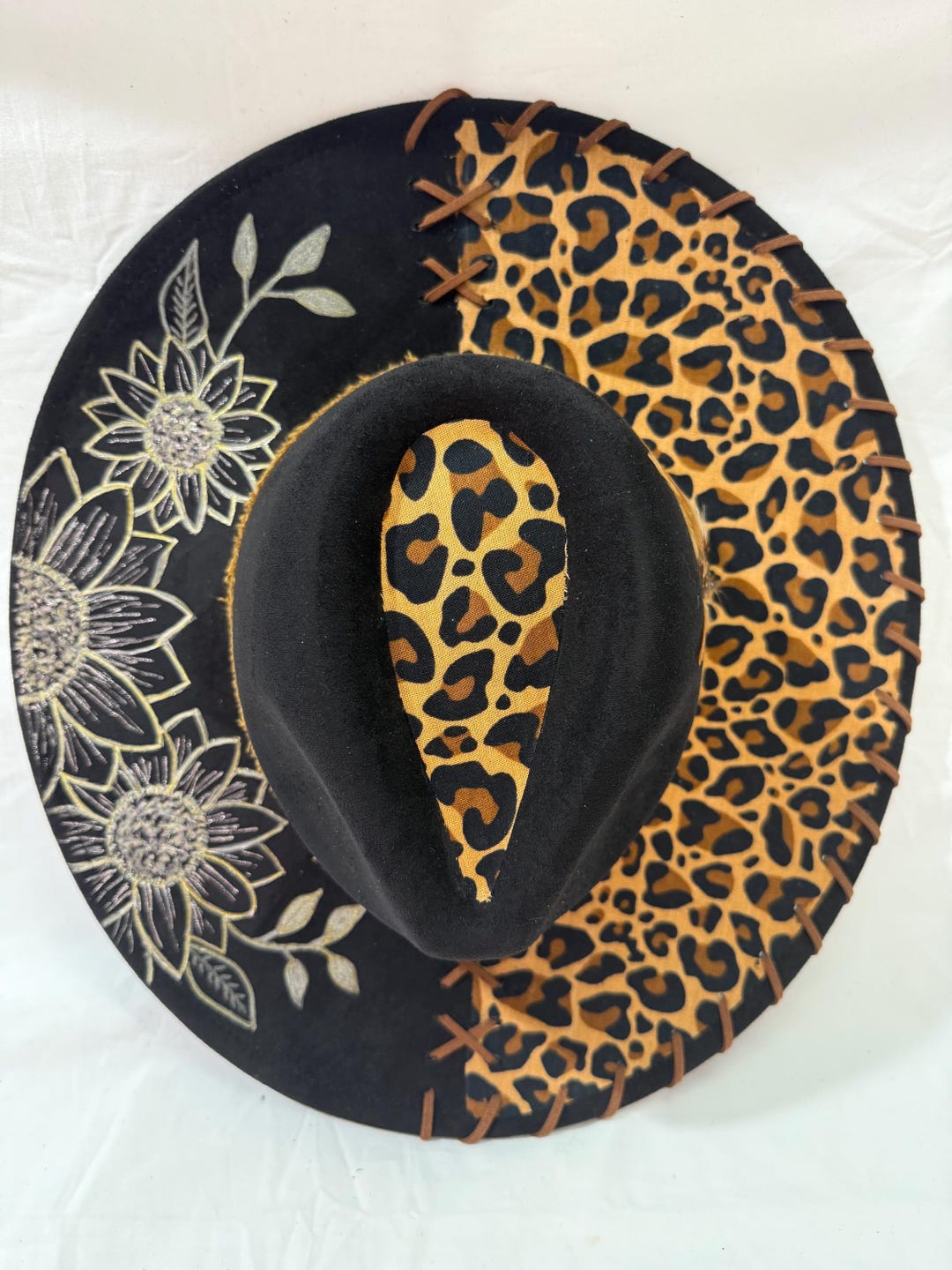Black Wide Brim Hat, Brown/gold Leopard Print Fabric-sunflowers Painted ...