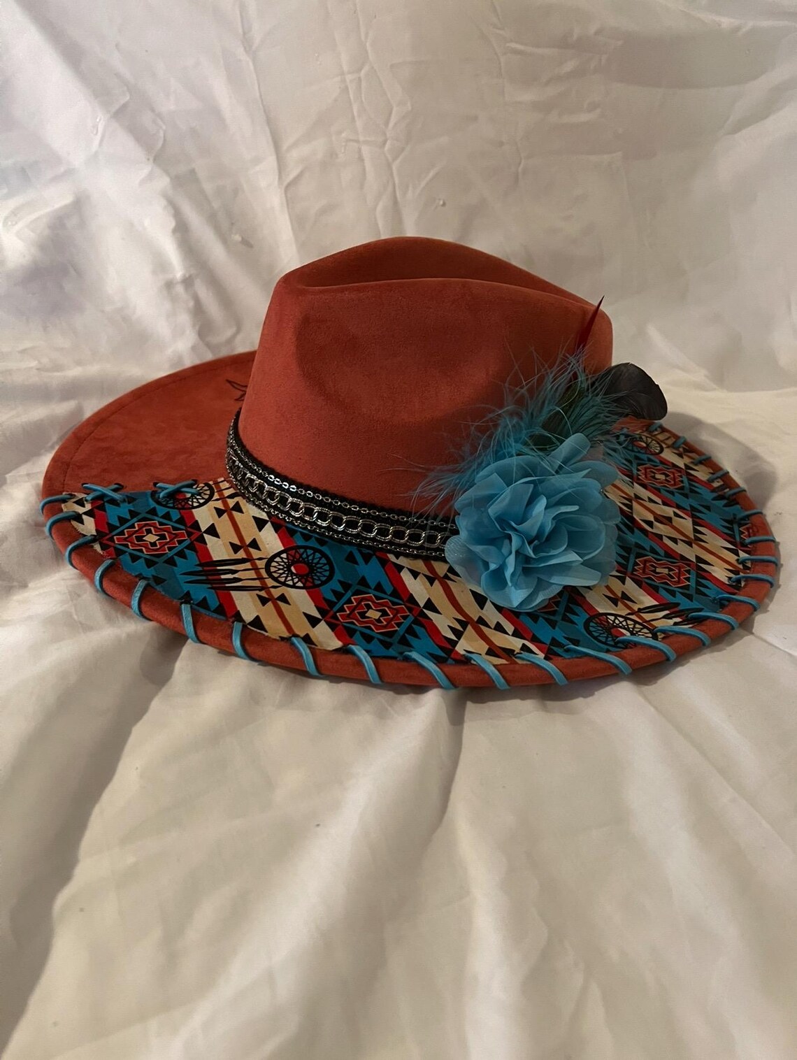 Burnt Orange Wide Brim Hat, Aztec Fabric, Black Chain Band, Blue ...