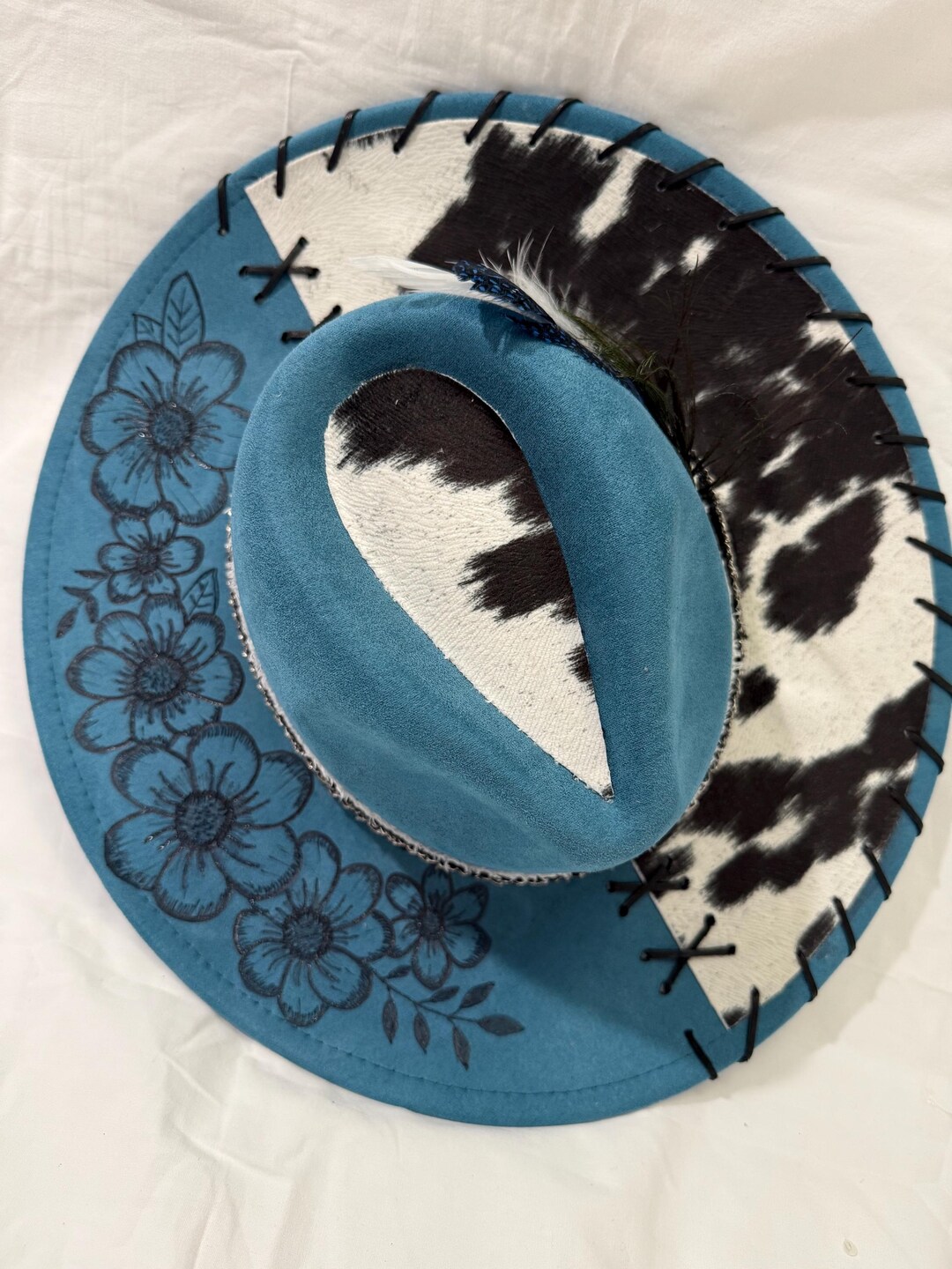 Hand Burned Wide Brim Hat Ocean Blue: Cowhide Fabric With Black Leather ...