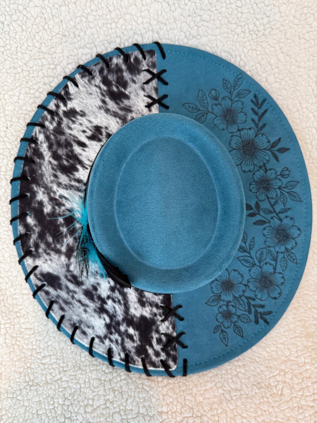 Hand Burned Wide Brim Hat Round Top Blue: Blk/wht Cowhide Fabric ...