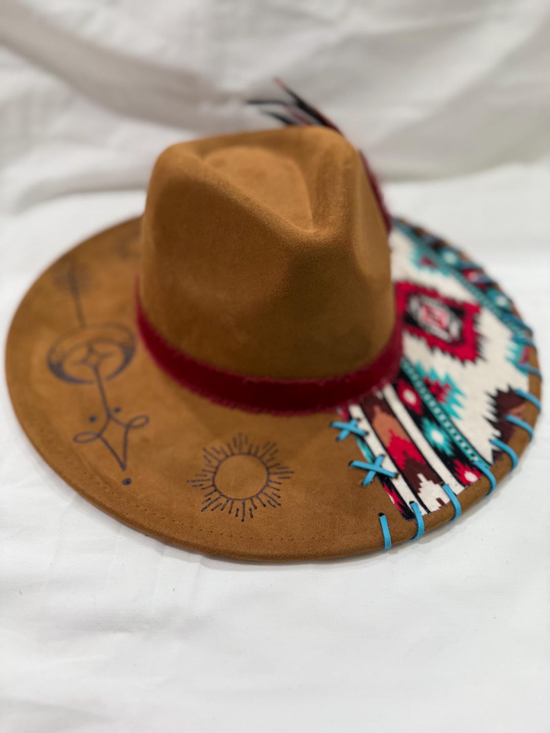 Hand Burned Wide Brim Hat Camel: Aztec Fabric With Turquoise Leather ...