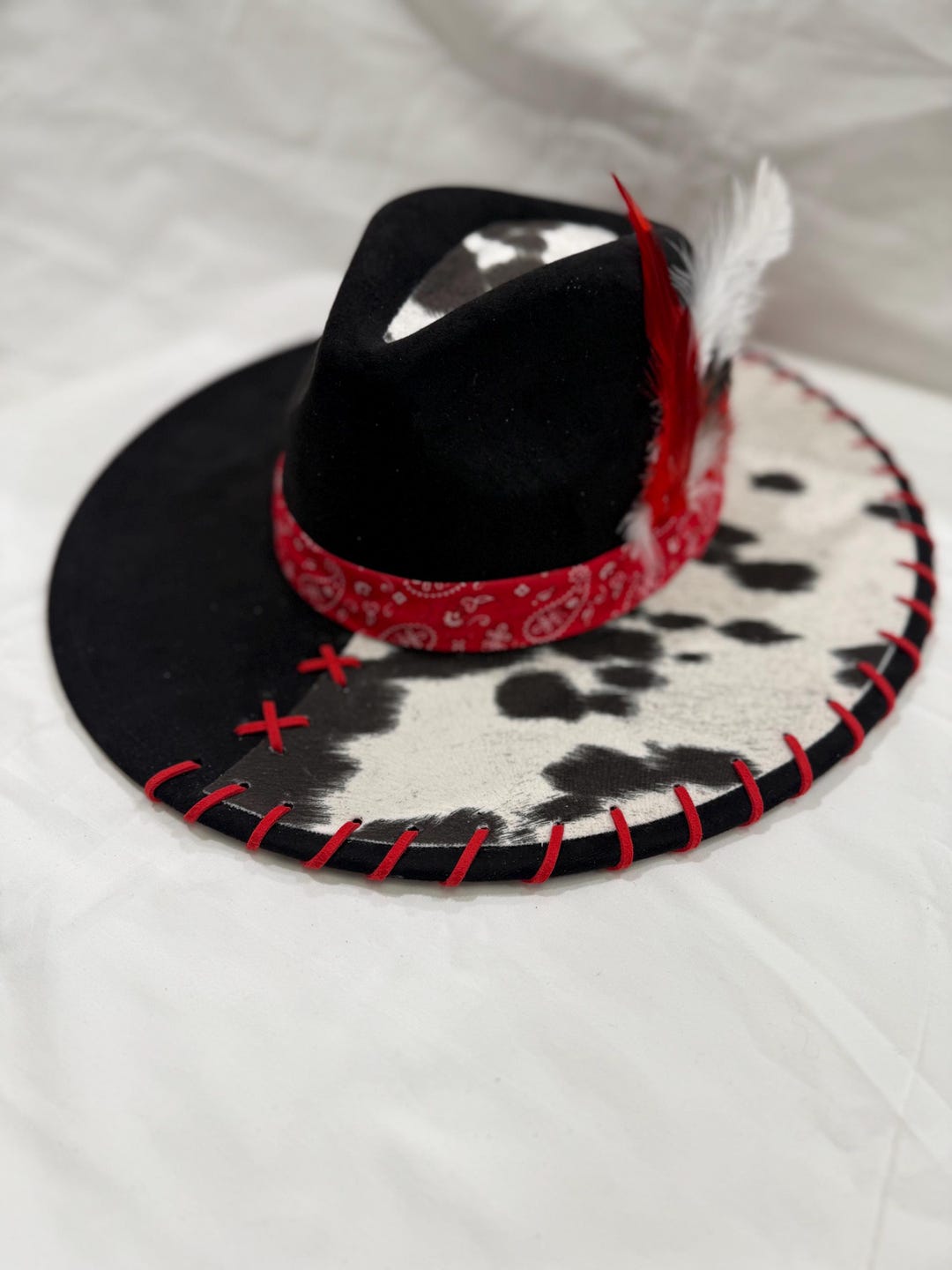 Black Hat Wide Brim, Black and White Cowhide Fabric on One Side, Red ...
