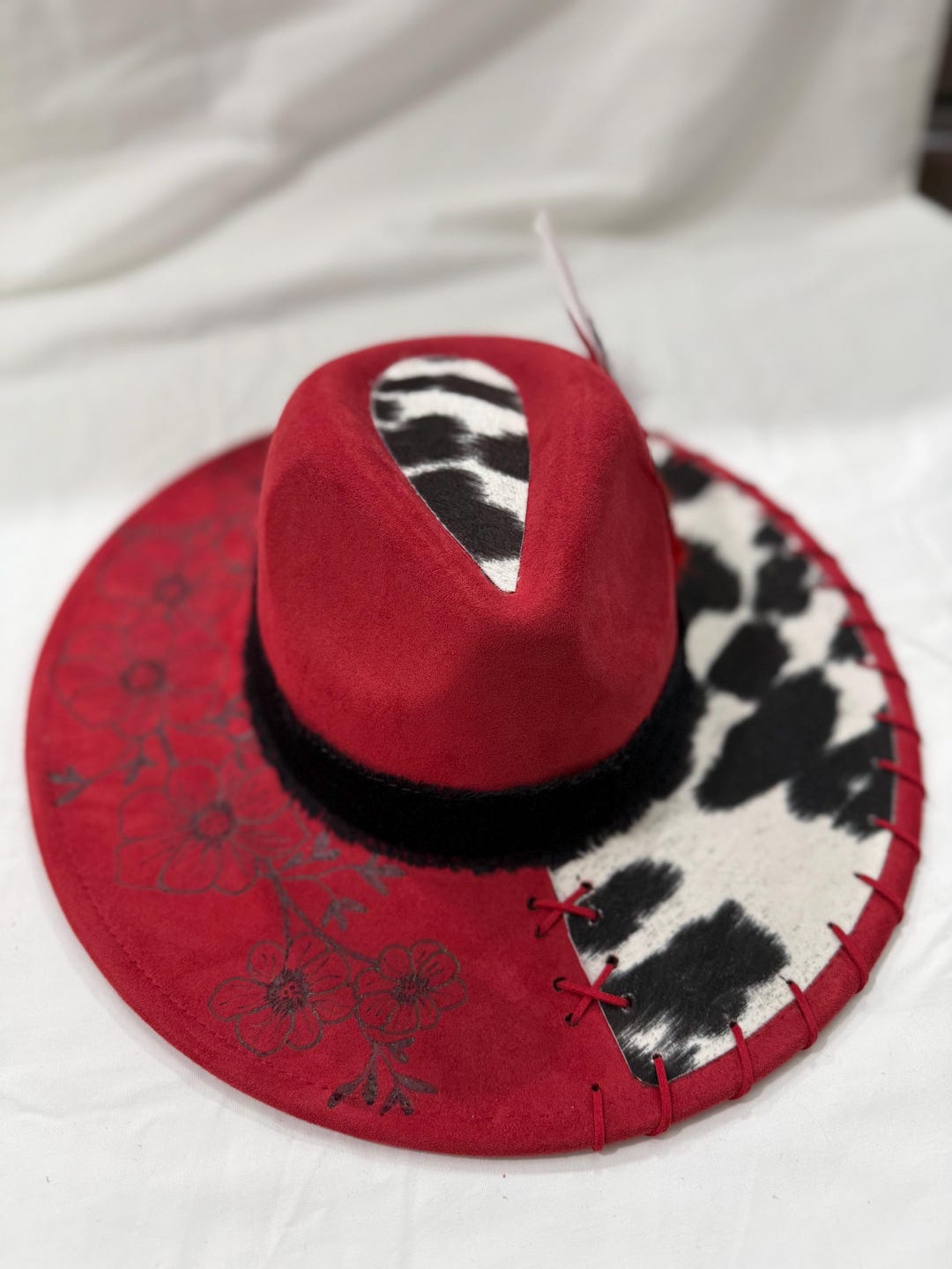 Red Wide Brim Hat, Black and White Cowhide Fabric, Flowers Burned on ...