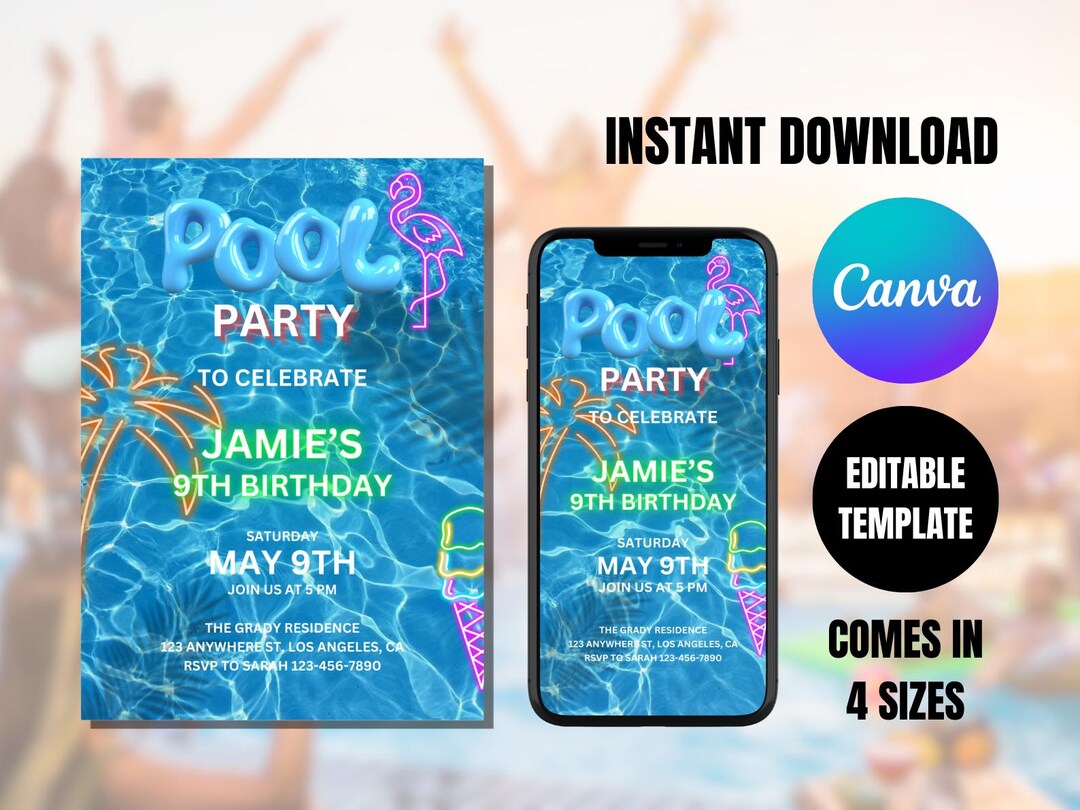 Pool Party Editable Invitation, Summer Birthday Party Evite, Text ...