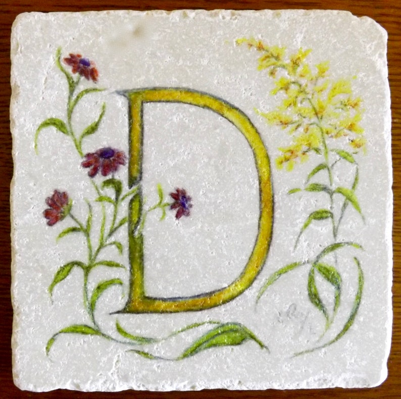 D Botanical Letter Tumbled Stone Coaster 4x4 Artists | Etsy