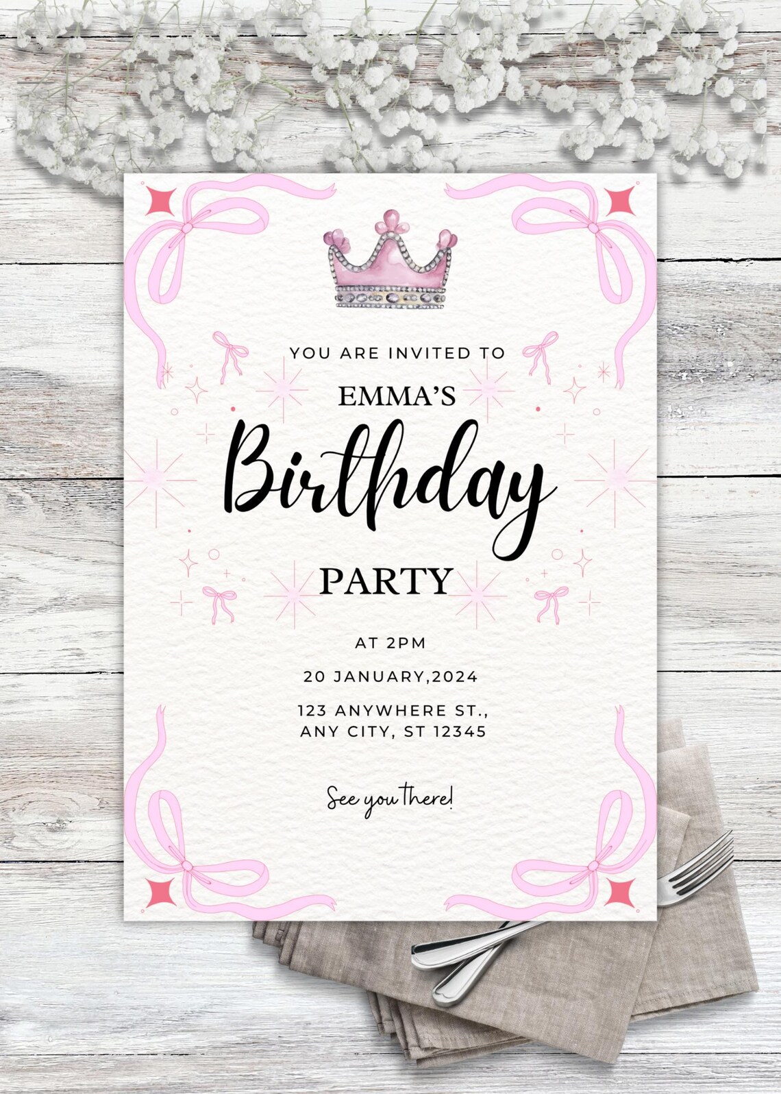 Girl Birthday Party Invitation Pink, Editable Cute Design Template ...