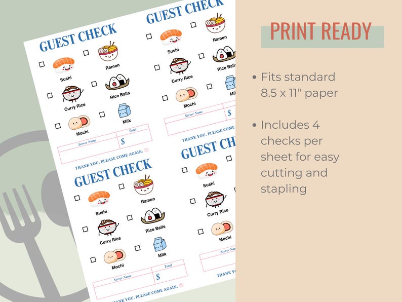 Kids Printable Restaurant Menu Check W/ Pictures Pretend Play japanese ...