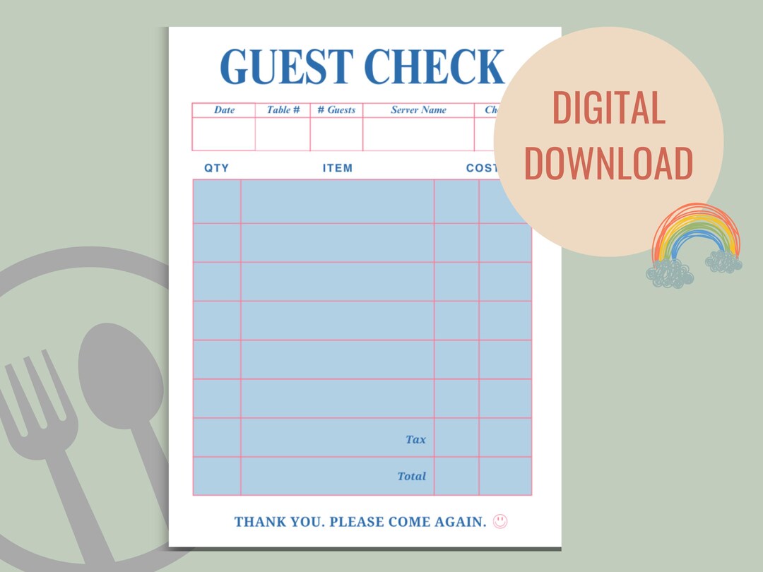 Kids Printable Restaurant Waiter Checks - Pretend Play (digital File ...