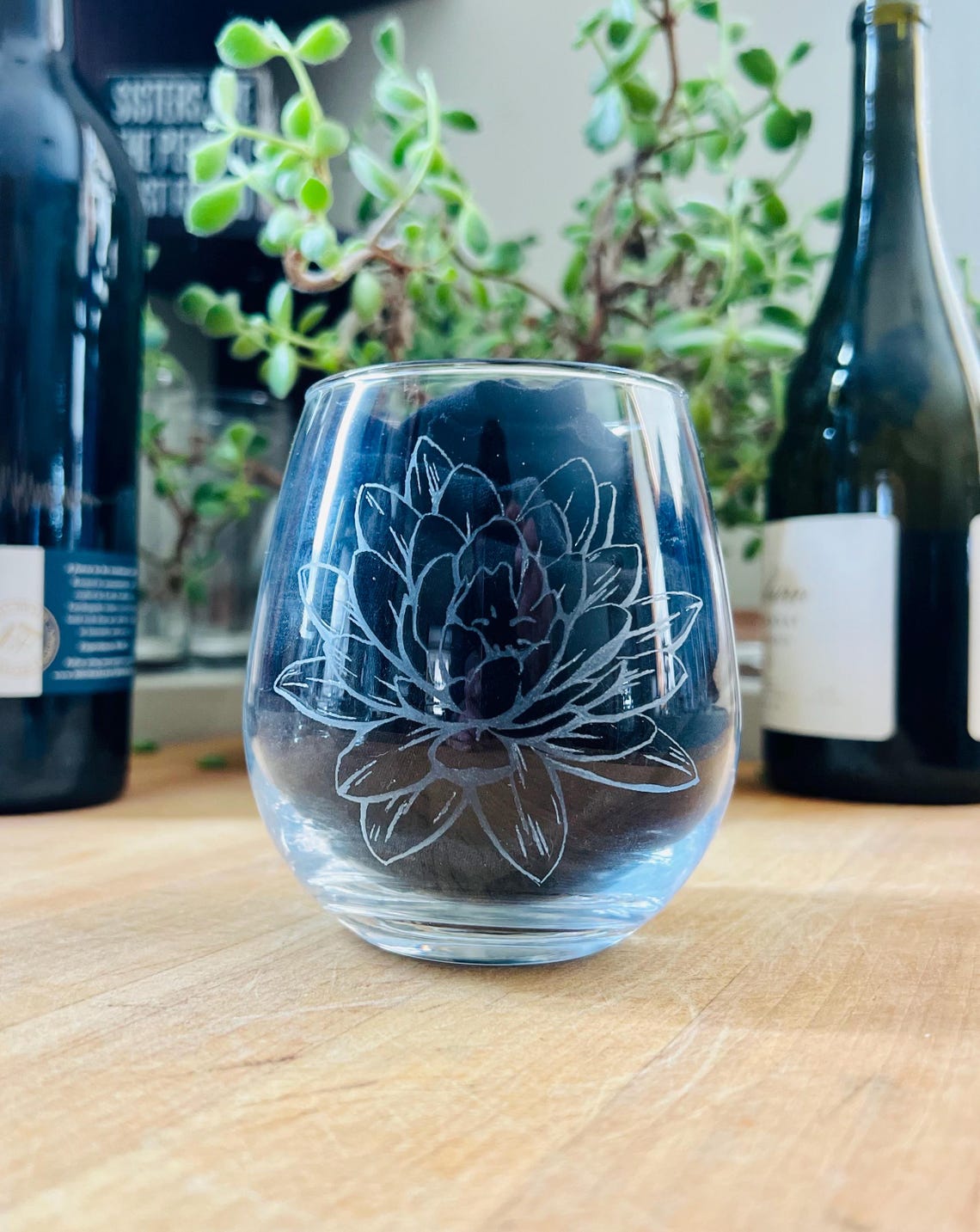 Stemless Wine Glass, Hand Etched, Lotus Flower - Etsy