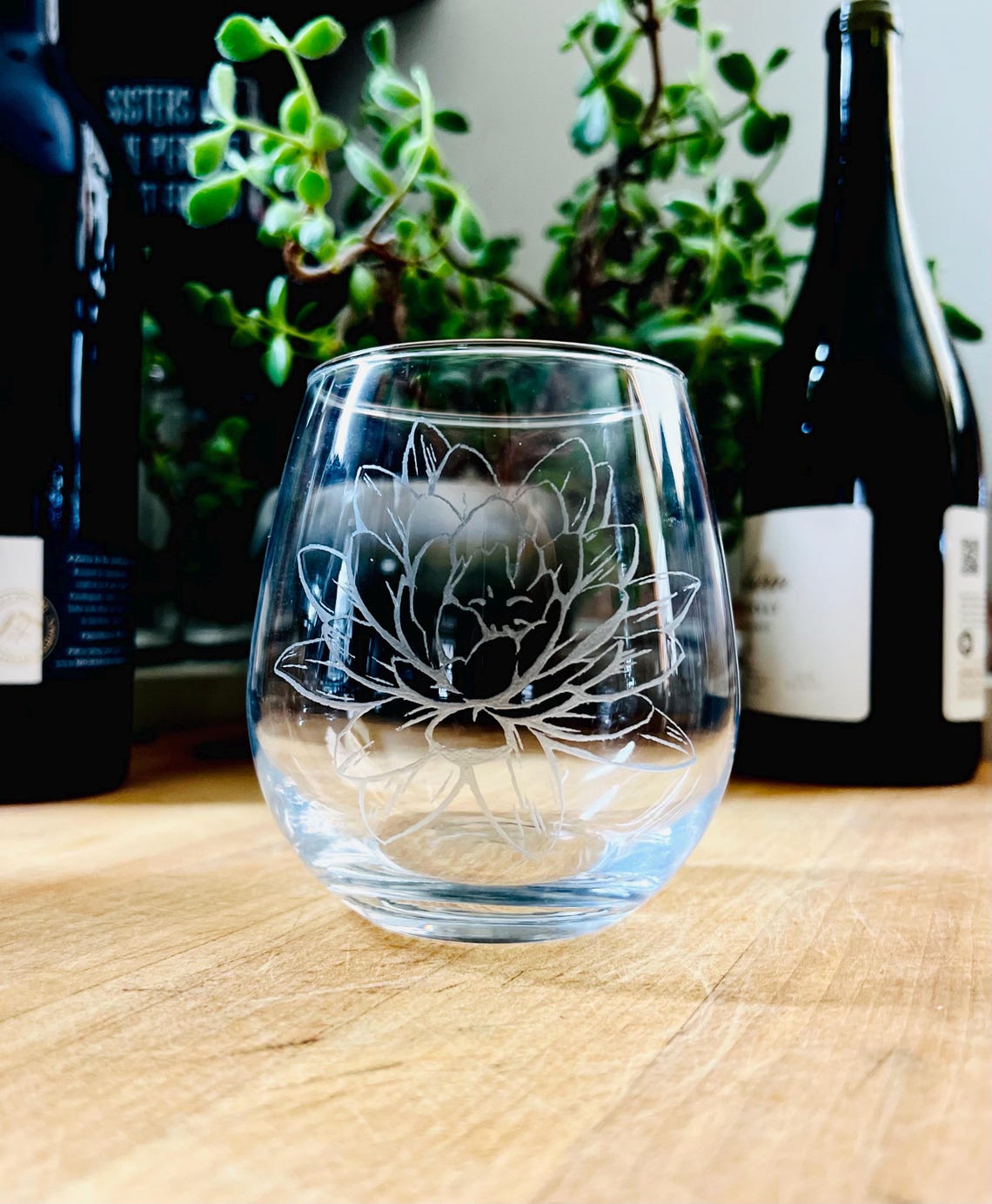 Stemless Wine Glass, Hand Etched, Lotus Flower - Etsy