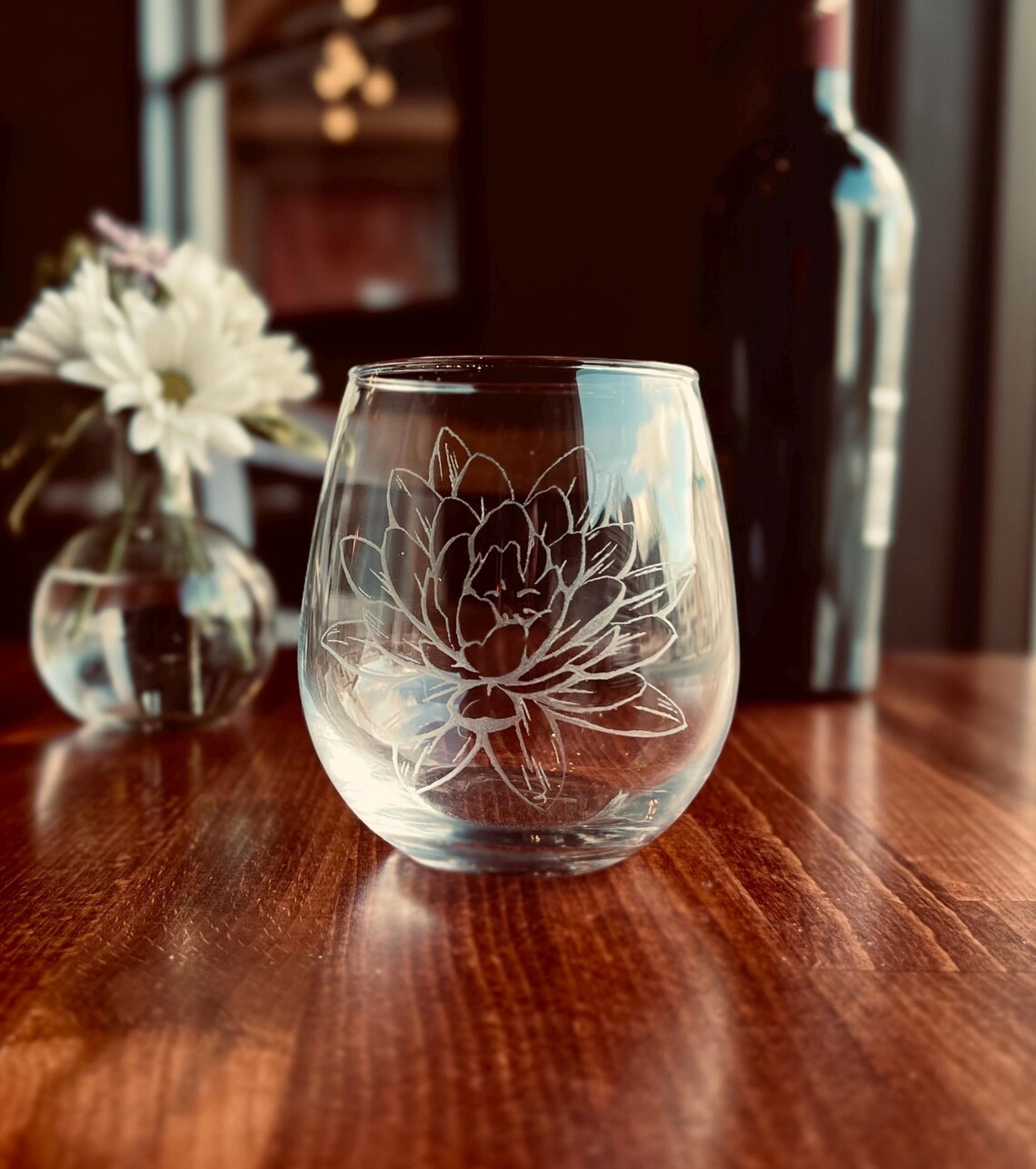 Stemless Wine Glass, Hand Etched, Lotus Flower - Etsy