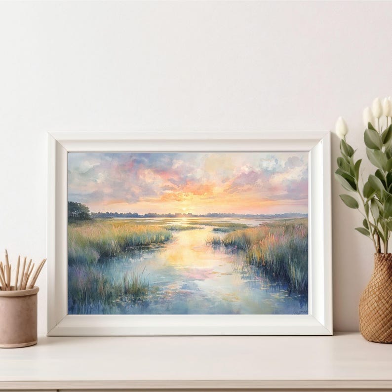 Summer Wetlands Watercolor Art Print | Pastel Marsh Sunset Landscape ...
