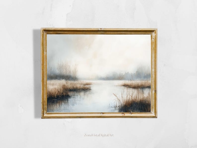 Misty Marsh Wetland Watercolor Painting | Tranquil Marshlands Landscape ...
