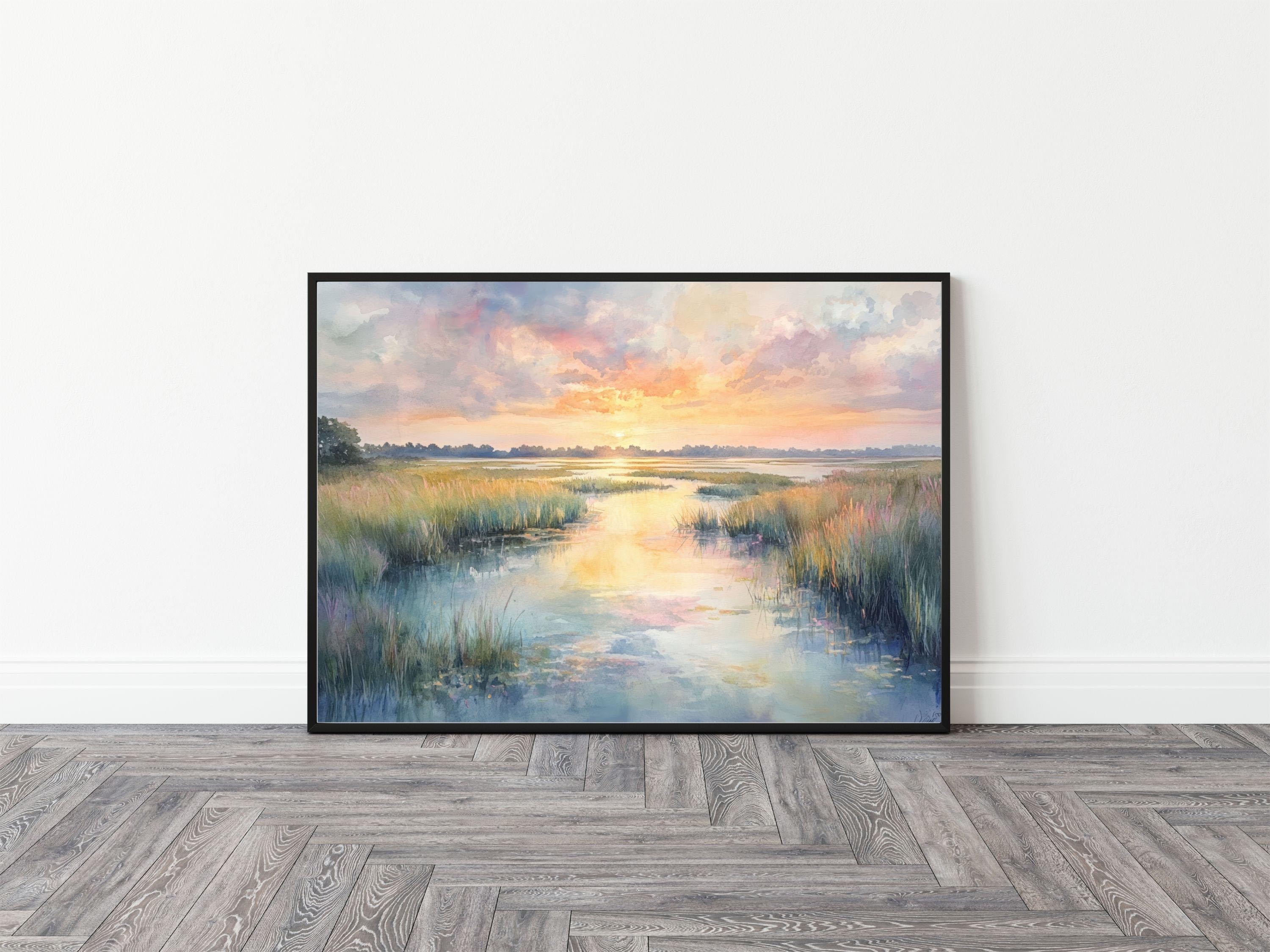 Summer Wetlands Watercolor Art Print | Pastel Marsh Sunset Landscape ...