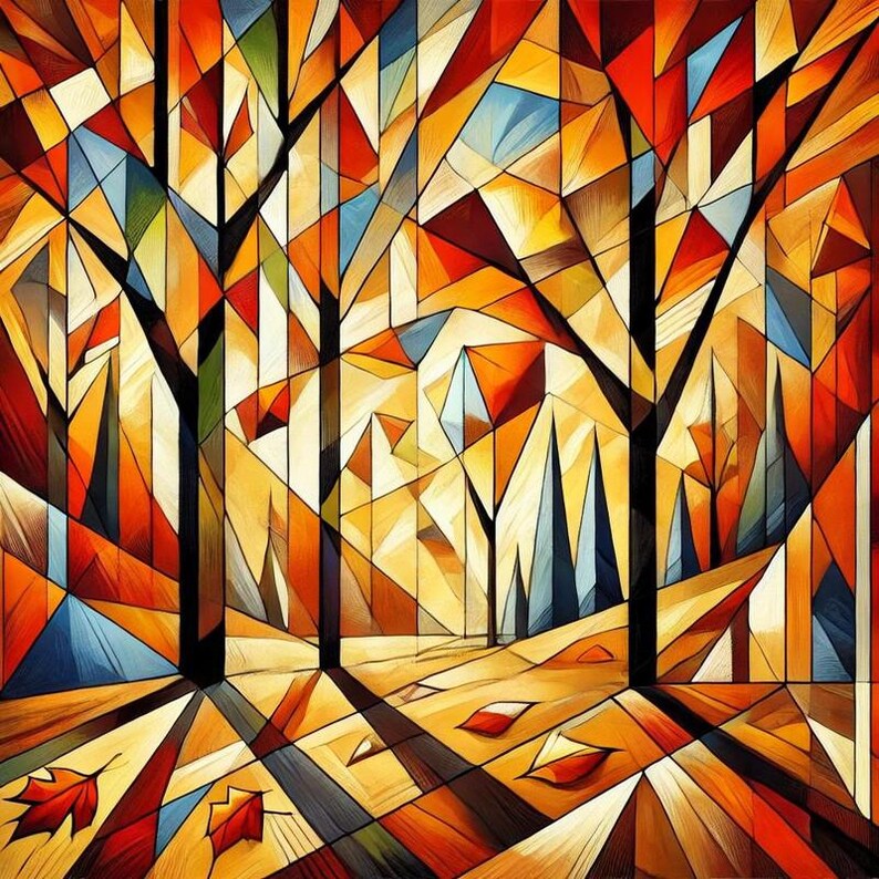 Geometric Fall Forest in Cubism Style Digital Art Print | Wall Art | AI ...