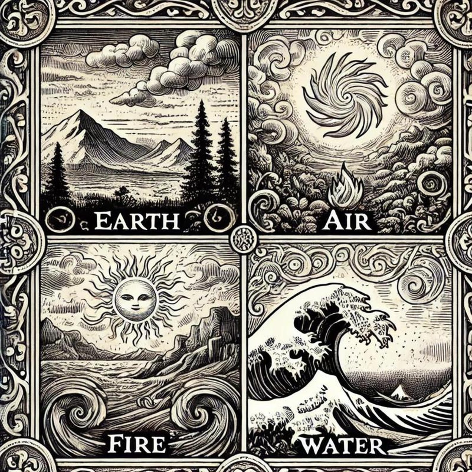 Artistic Earth Air Fire Water Etching Digital Art Print | Wall Art | AI ...