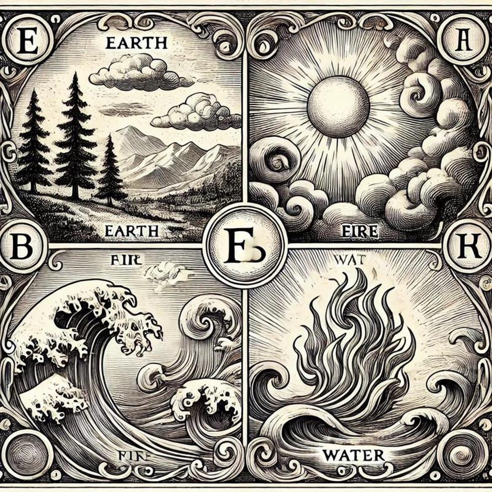 Etching Four Elements Digital Art Print Wall Art AI Generated AI Art Digital Download Home Decor ...