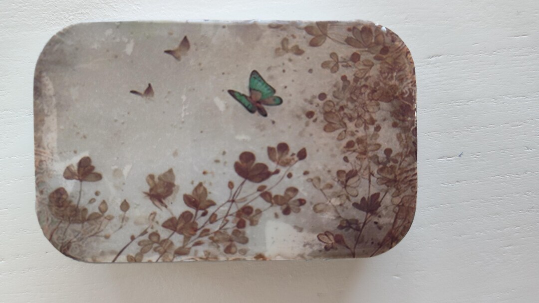 Notion Tin, Butterfly, Floral, Teal, Brown, Sewing, Knitting, Pill Box ...