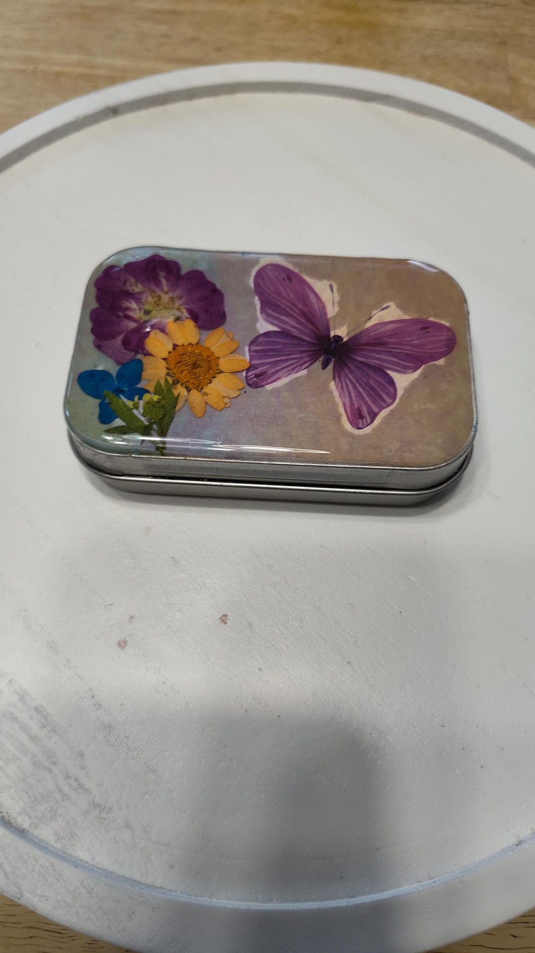 Notions Tin, Butterfly, Pressed Flowers, Knitting Notions Tin, Sewing ...