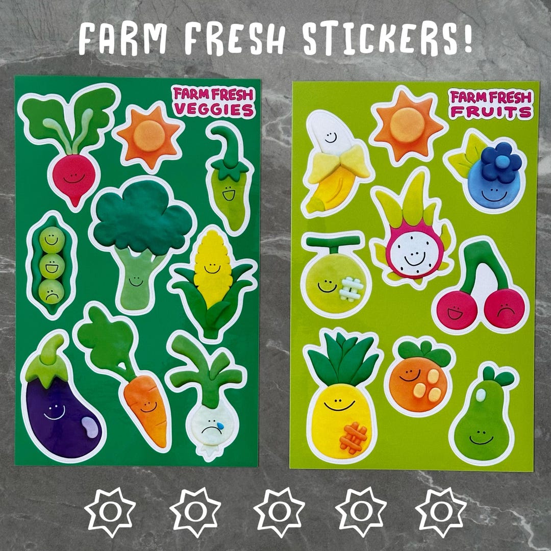 Farm Fresh Fruits and Veggies Clay Sticker Sheets - Etsy