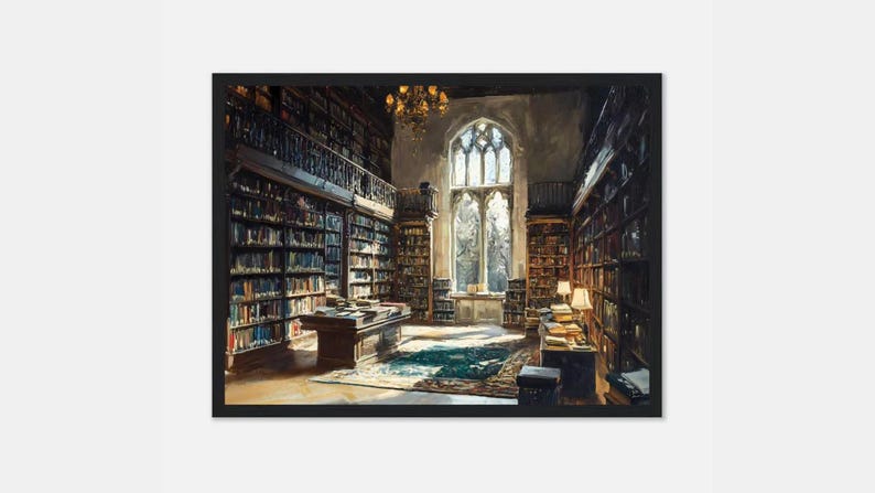 POSTER VERSION Cozy Reading Room Interior Oil Painting, Quaint Library ...