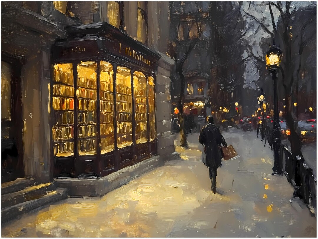 POSTER VERSION Glowing Bookstore on Street Oil Painting, Quaint Library ...