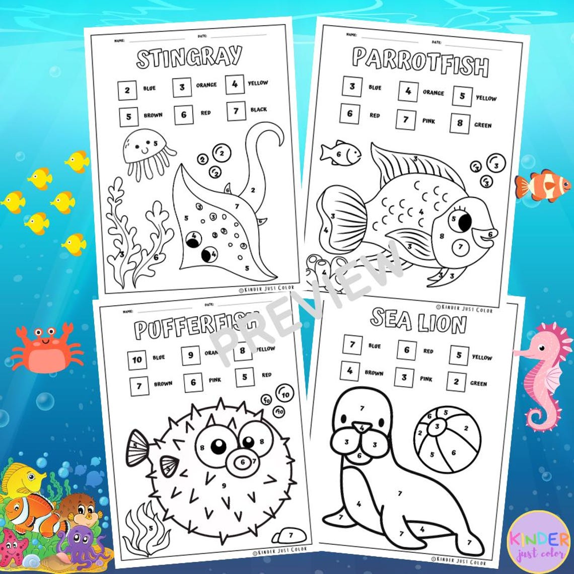 Ocean Animals Color by Number: Kids Printable Activity (PDF Download ...