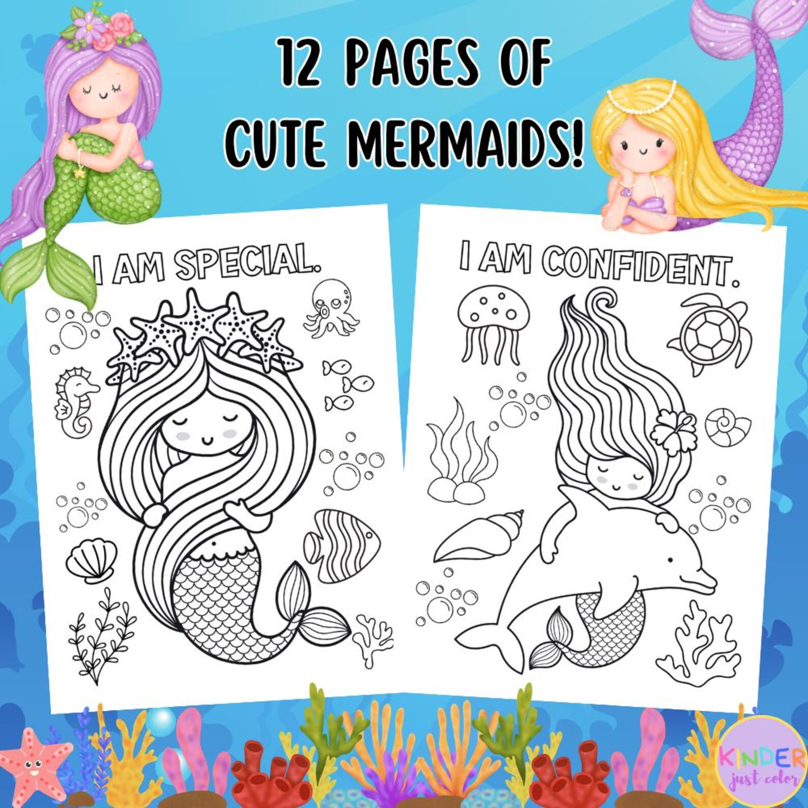 Mermaid Coloring Pages: Positive Affirmations for Kids (PDF) - Etsy