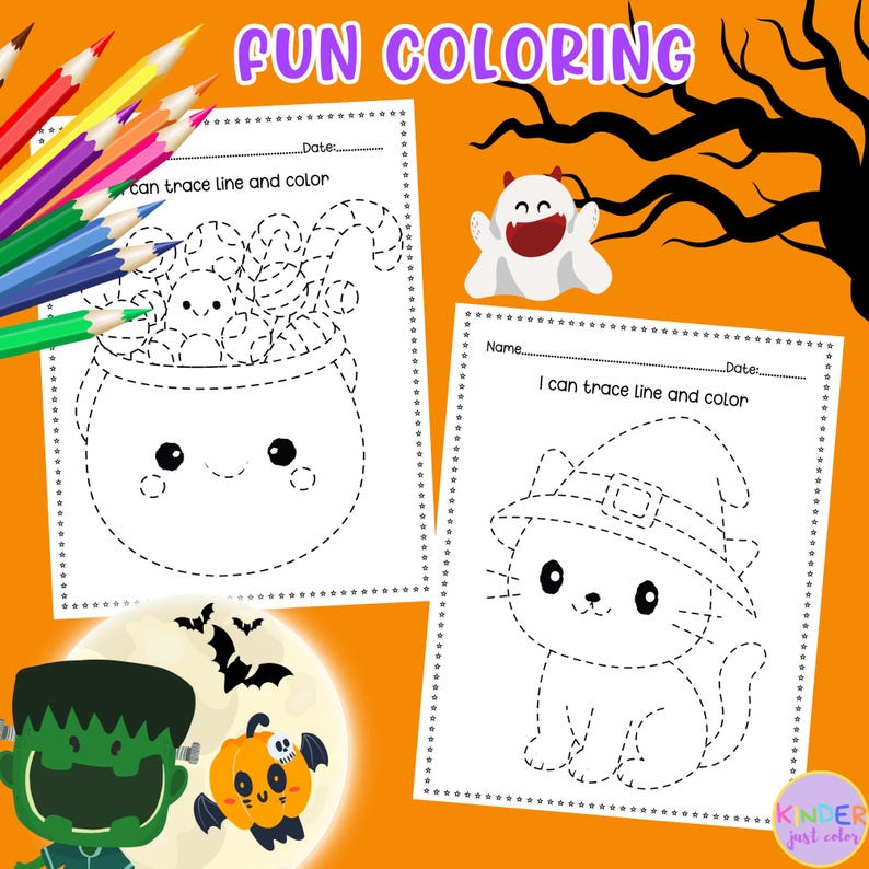 Halloween Tracing & Coloring Page for Kid, Halloween Line Trace ...
