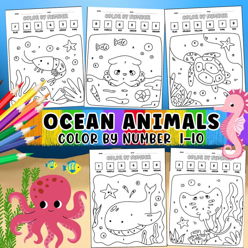 Color by Numbers for Kids, Color by Code, Ocean Animals Coloring Pages ...
