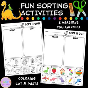 Heavy and Light Sorting Activities, Cut and Paste Activities, Weight ...