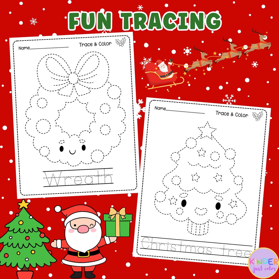 Christmas Tracing & Coloring Preschool Worksheet, Kindergarten Coloring ...