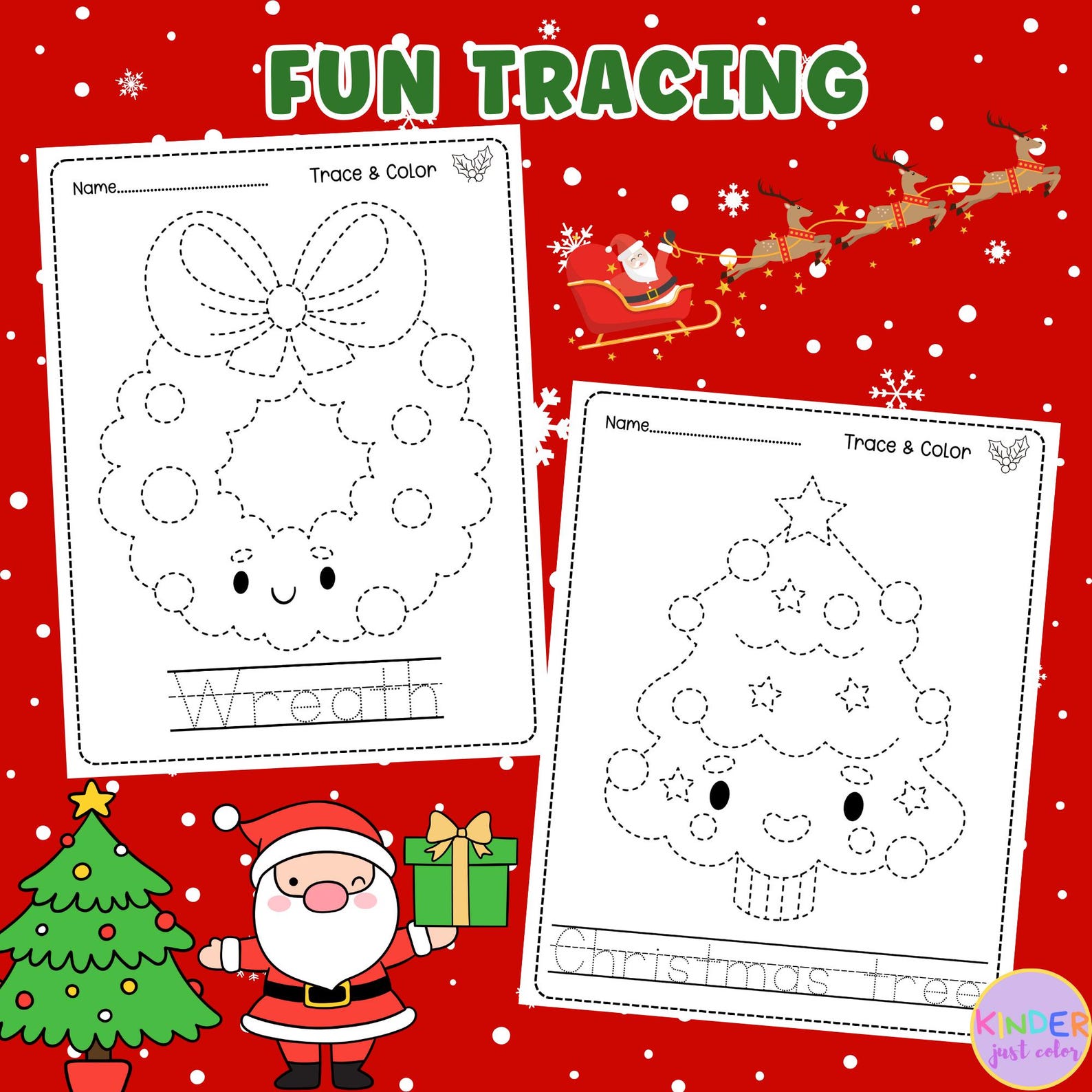 Christmas Tracing & Coloring Preschool Worksheet, Kindergarten Coloring ...