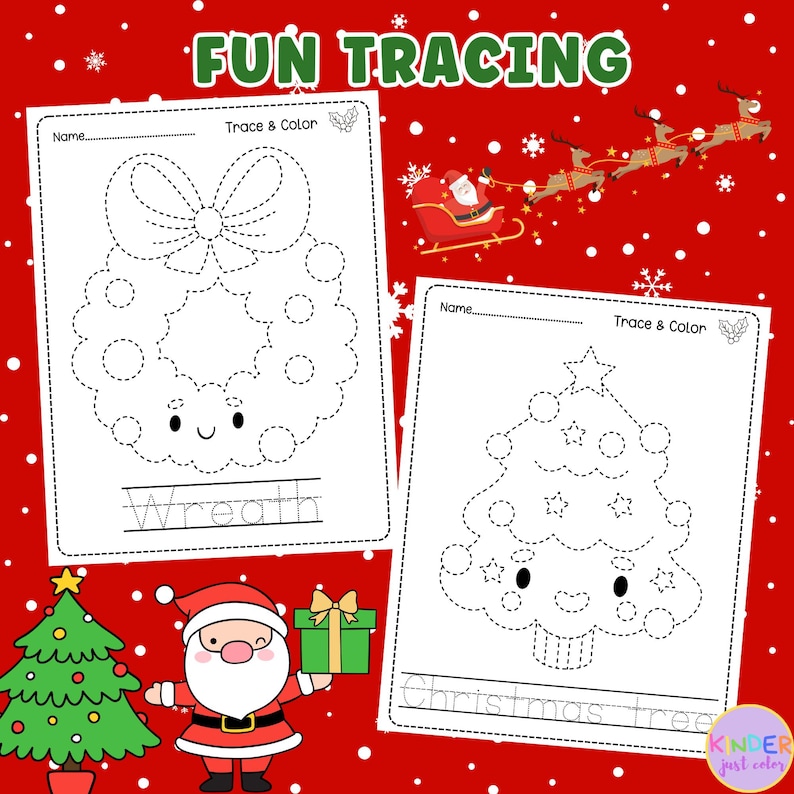 Christmas Tracing & Coloring Preschool Worksheet, Kindergarten Coloring ...