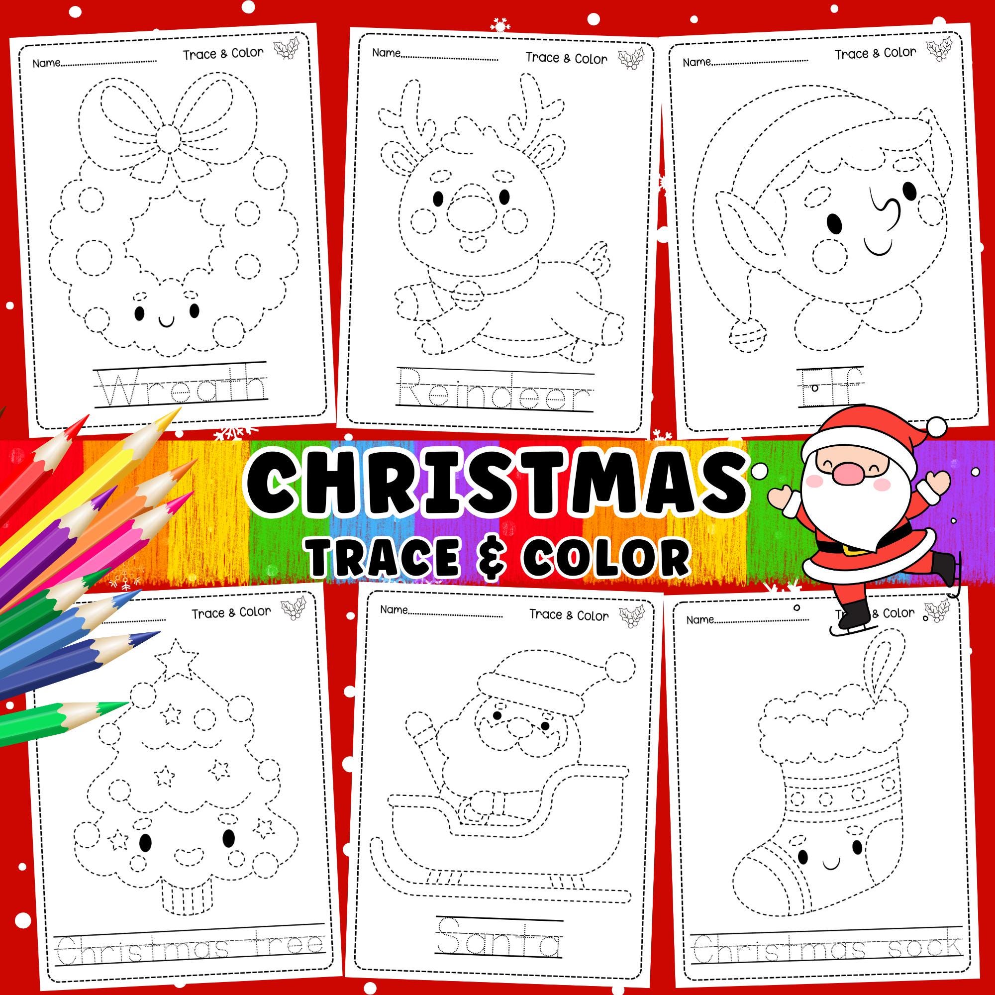 Christmas Tracing & Coloring Preschool Worksheet, Kindergarten Coloring ...